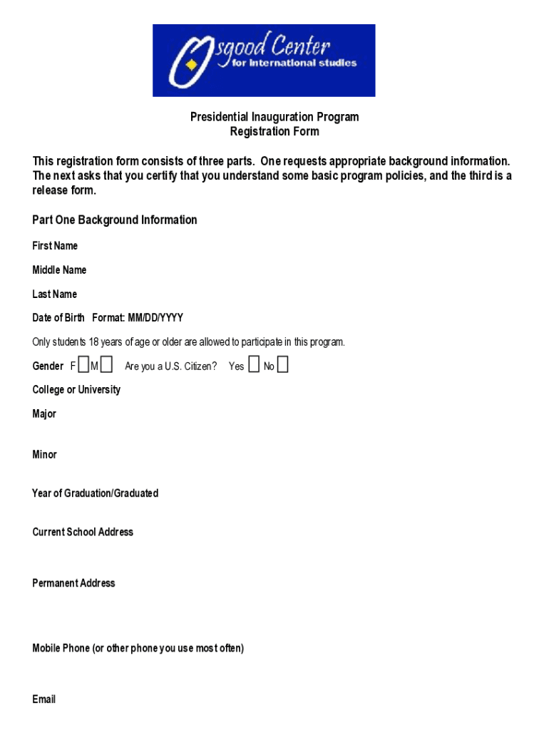 Fillable Online Presidential Inauguration Program Registration Form Fax ...