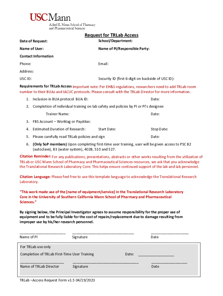 Fillable Online Request for TRLab Access - USC School of Pharmacy Fax Email Print - pdfFiller