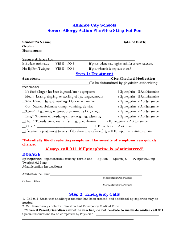 bee-sting allergy action plan Doc Template | pdfFiller