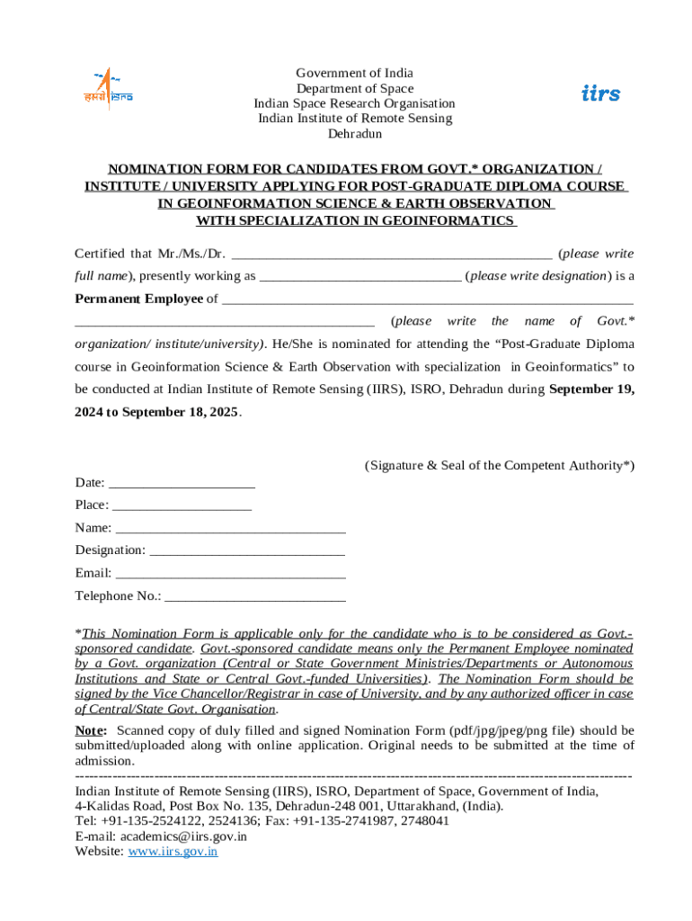 Government of India - IIRS Admission Portal Doc Template | pdfFiller