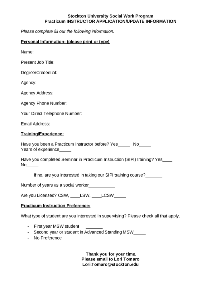 MSW Student Field Placement Application Doc Template | pdfFiller