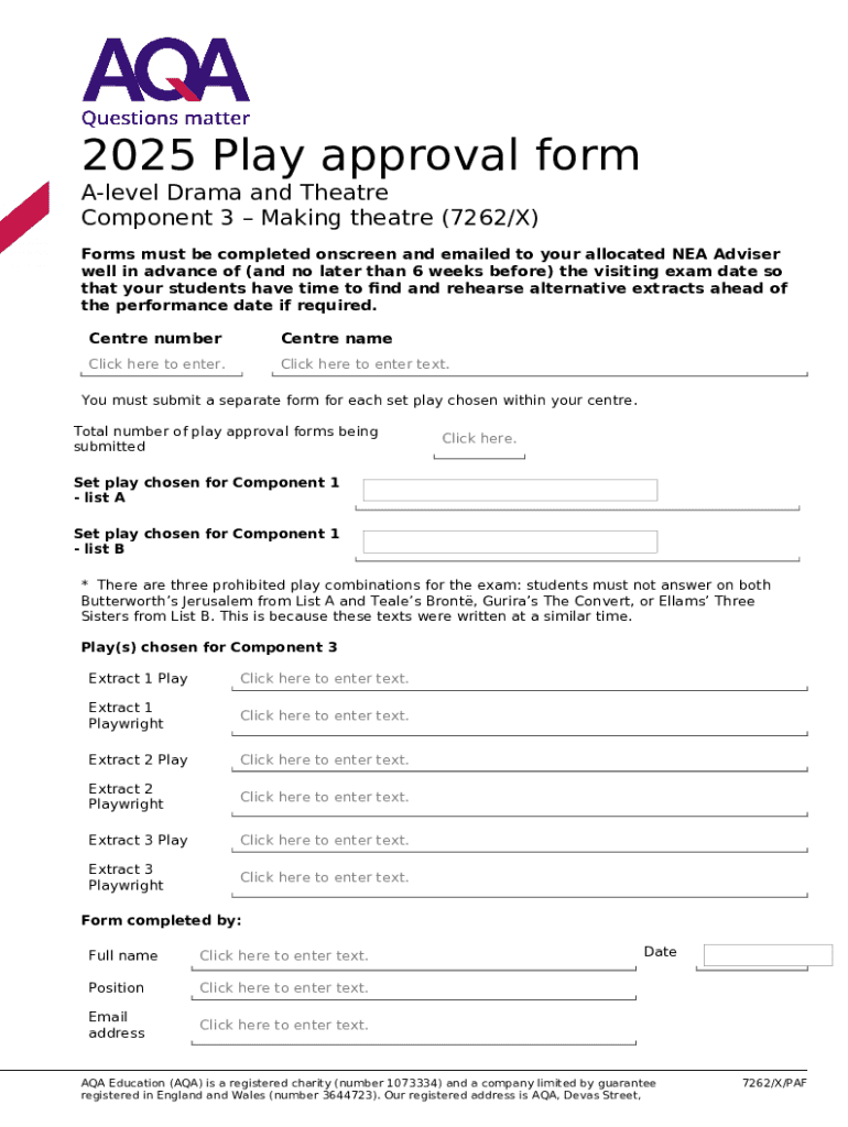 2025 Play approval A-level Drama and Theatre ... Doc Template | pdfFiller