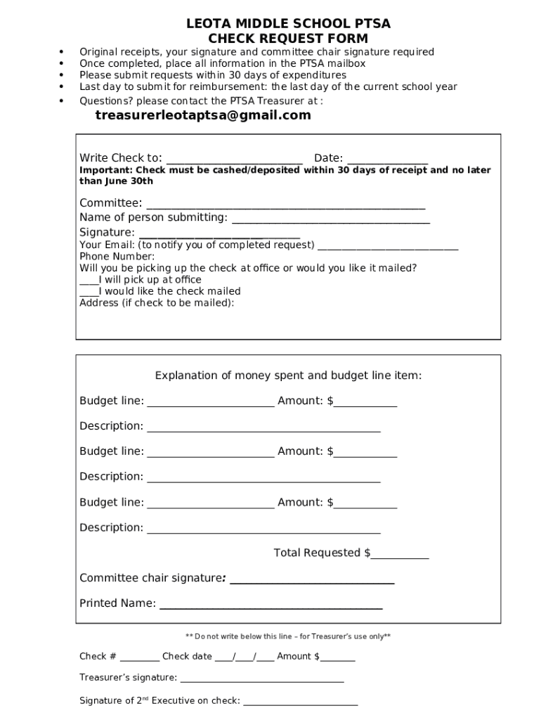 PTSA Treasurer Request (see back) Doc Template | pdfFiller