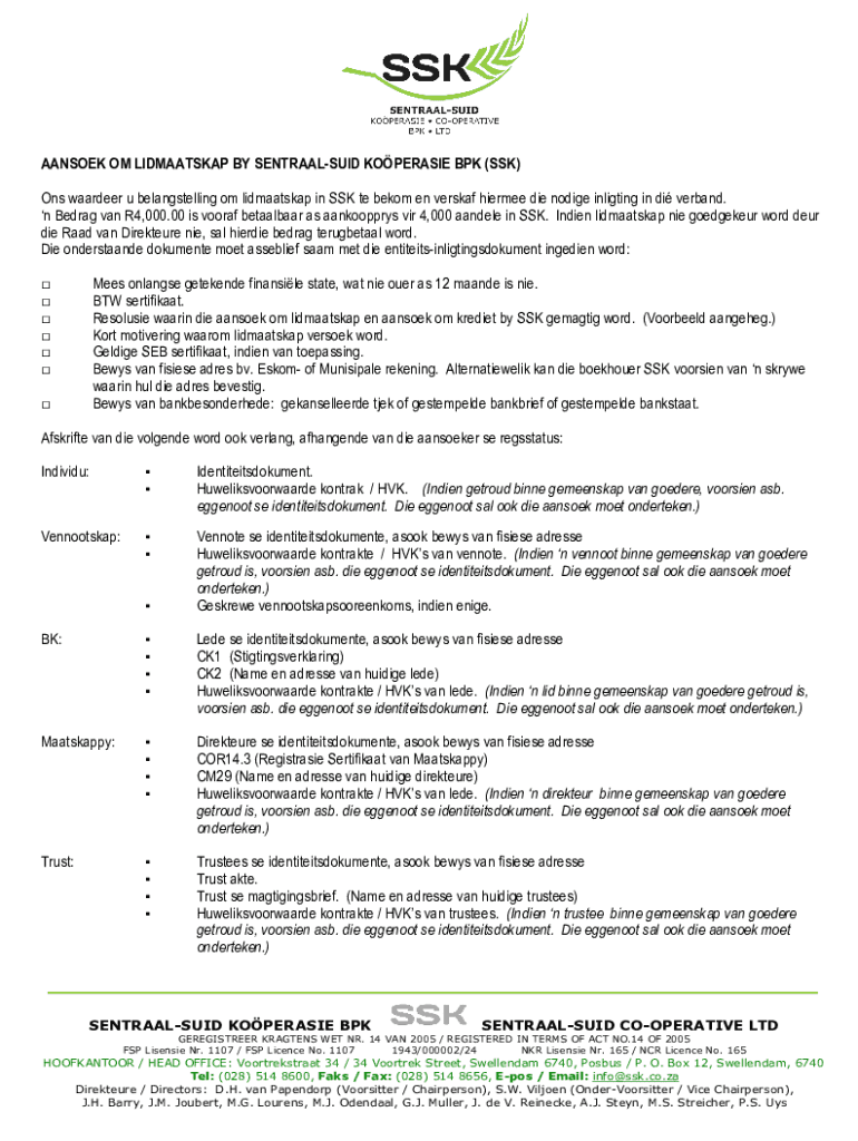 Fillable Online aansoek om lidmaatskap by sentraal-suid koperasie bpk (ssk) Fax Email Print ...