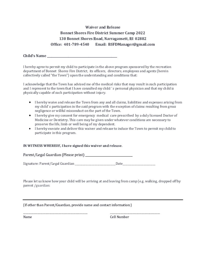 Fillable Online Waiver and Release - Bonnet Shores Fire District Fax ...