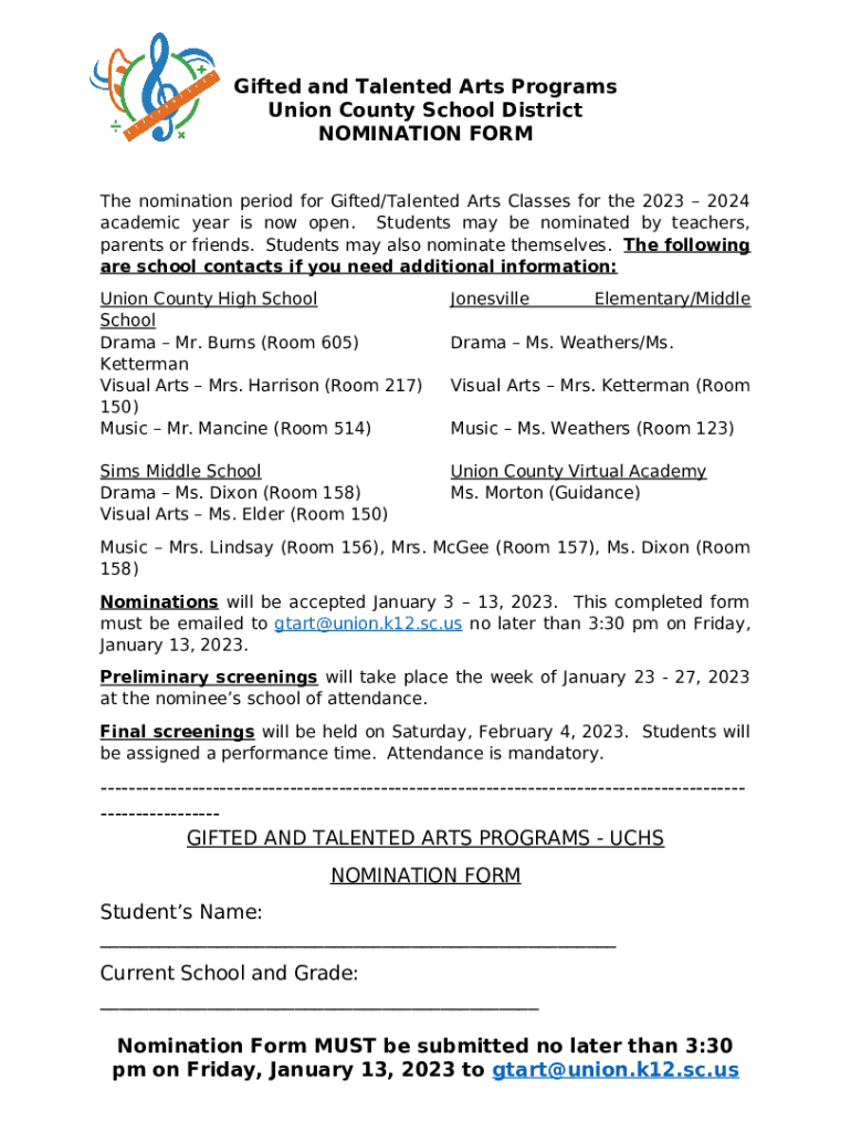 gifted and talented arts programs - uchs nomination Doc Template | pdfFiller