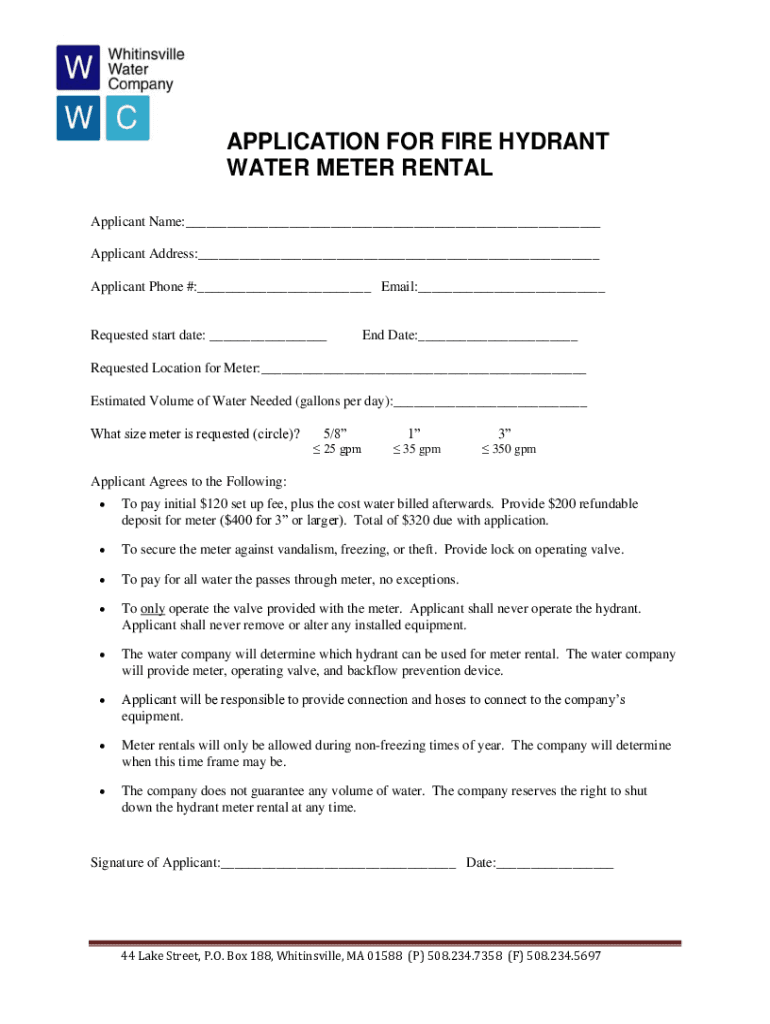 Fillable Online Fire Hydrant Meter Rental Application and Lease ...