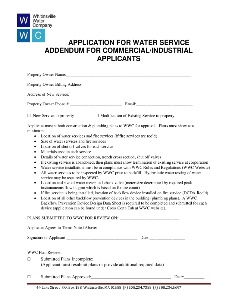 Fillable Online Request for Additional Water Services Addendum Fax ...