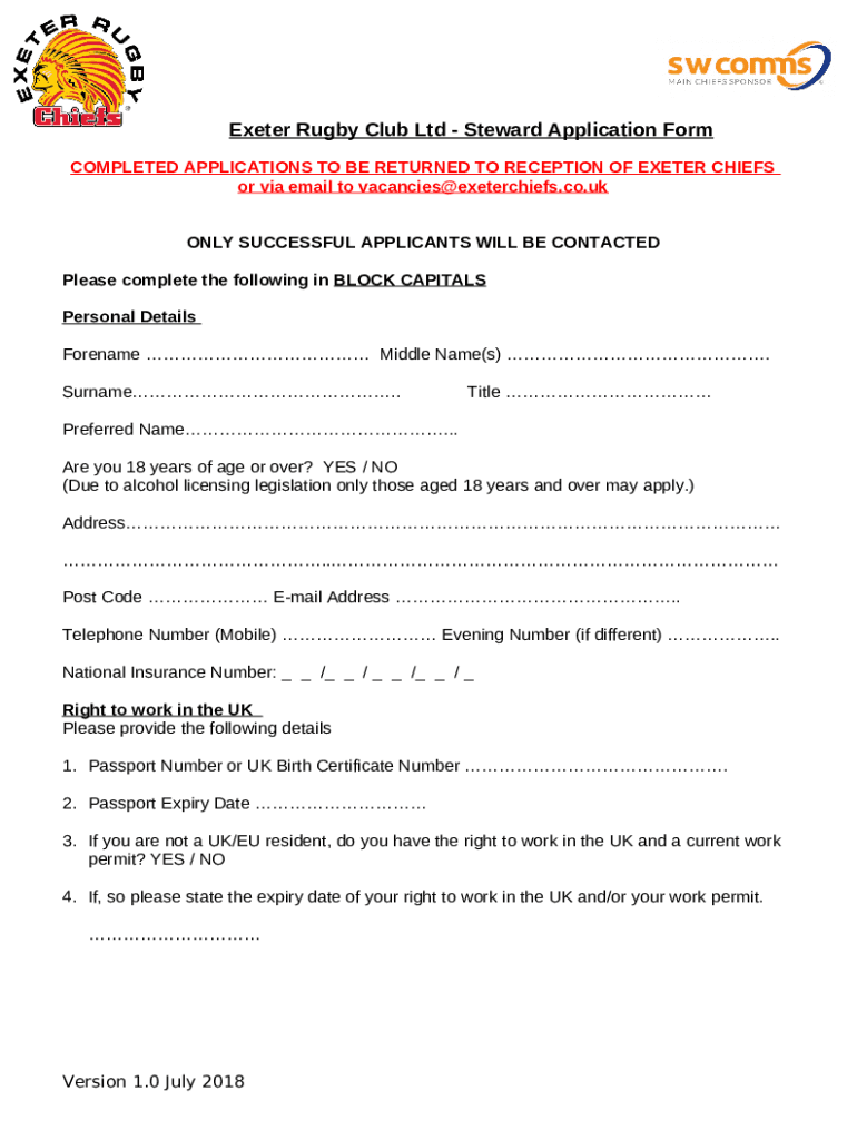 Exeter Rugby Club Steward Application Doc Template | pdfFiller