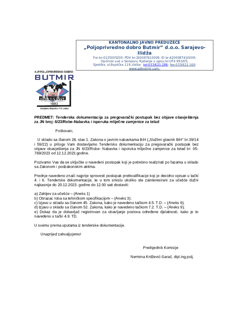 PREDMET: Tenderska dokumentacija za pregovaraki postupak bez objave ...