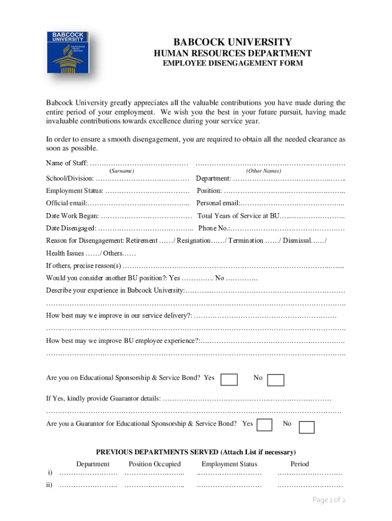 Fillable Online Fillable Online babcock edu Disengagement bFormb Fax ...