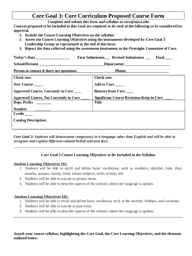 Core Goal 3: Core Curriculum Proposed Course Doc Template | pdfFiller