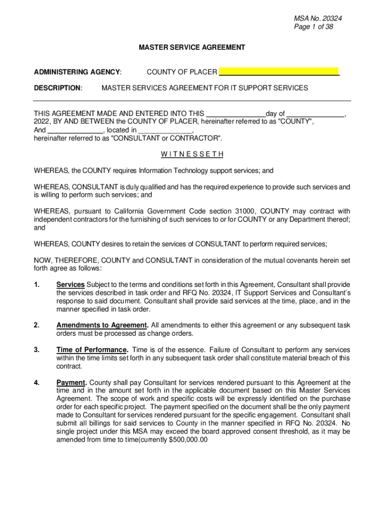 Fillable Online MSA No. 20324 Page 1 of 38 MASTER SERVICE AGREEMENT ...