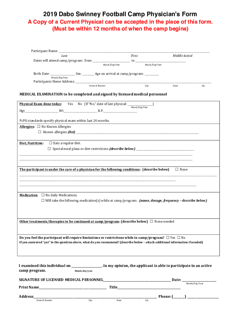 Fillable Online 2020 Dabo Swinney Football Camp Health History Form Fax ...