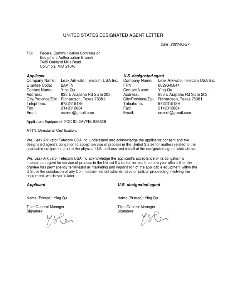 Fillable Online US Agent Designation for Service of Process Fax Email ...