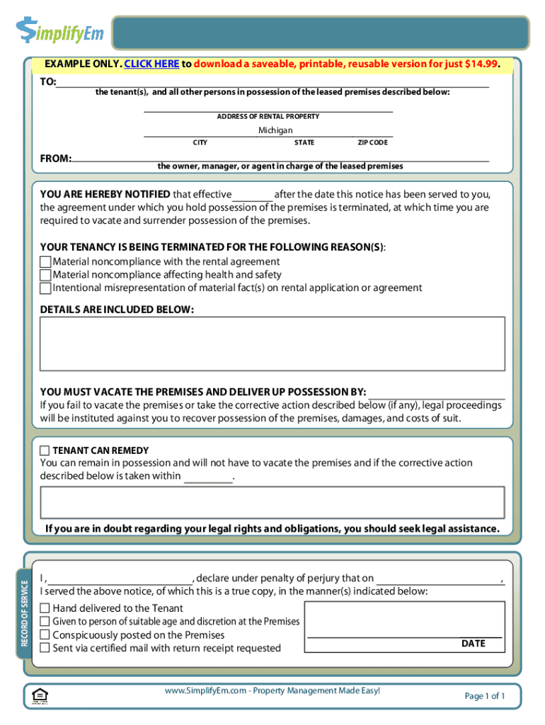 Fillable Online Termination of Tenancy Landlord - Michigan Form Dc 100c ...