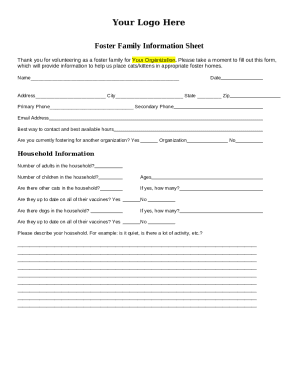 Foster Family Ination Sheet Doc Template | pdfFiller
