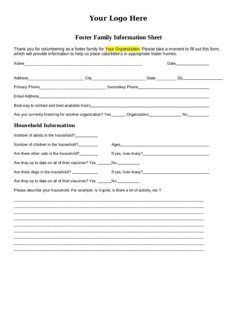 Foster Family Ination Sheet Doc Template | pdfFiller