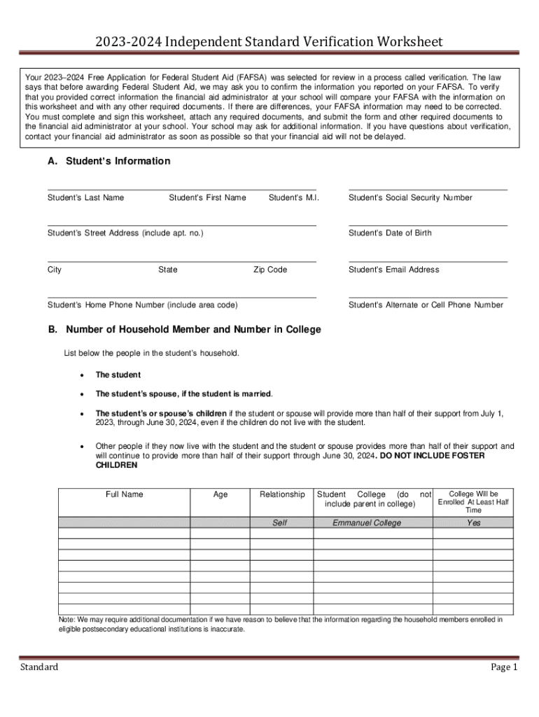 Fillable Online 2023-2024 Independent - Standard Verification Worksheet Fax Email Print - pdfFiller