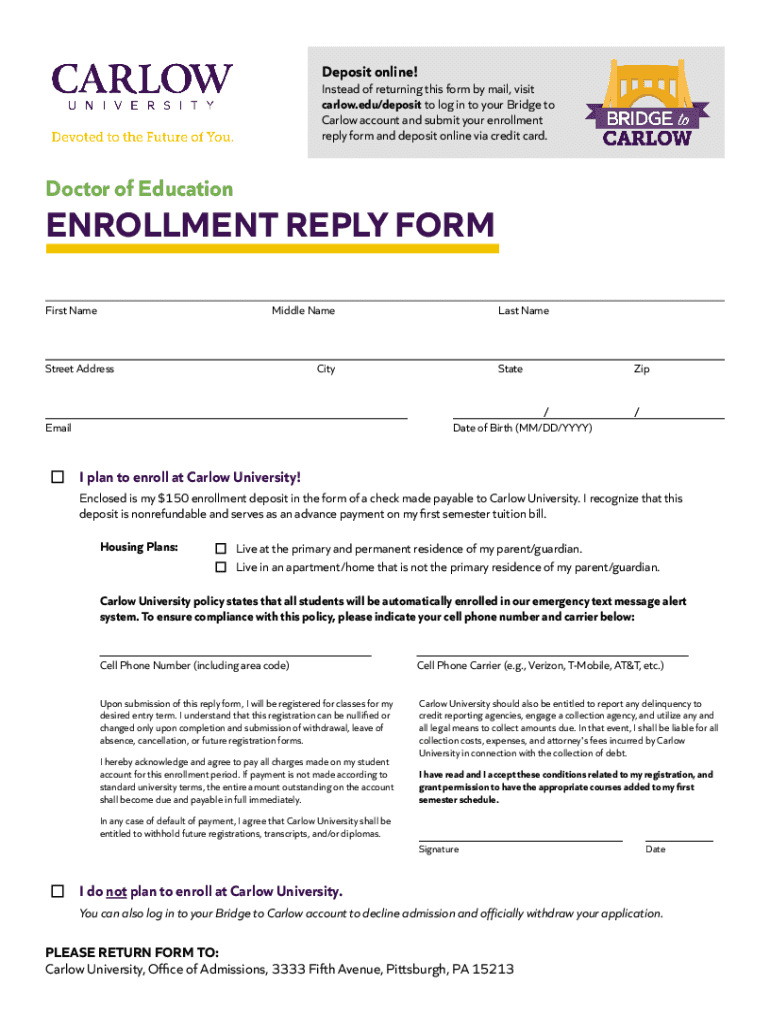 Fillable Online admissions carlow Traditional First-Year Student ...
