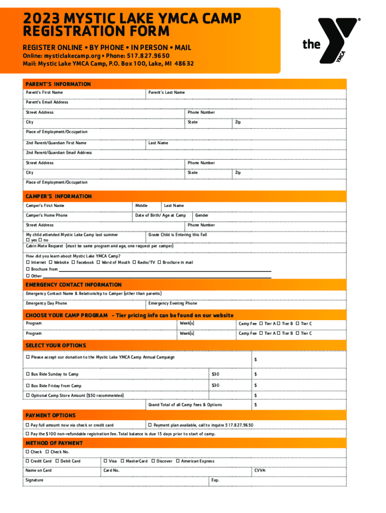 Fillable Online 2023 MYSTIC LAKE YMCA CAMP REGISTRATION FORM Fax Email ...
