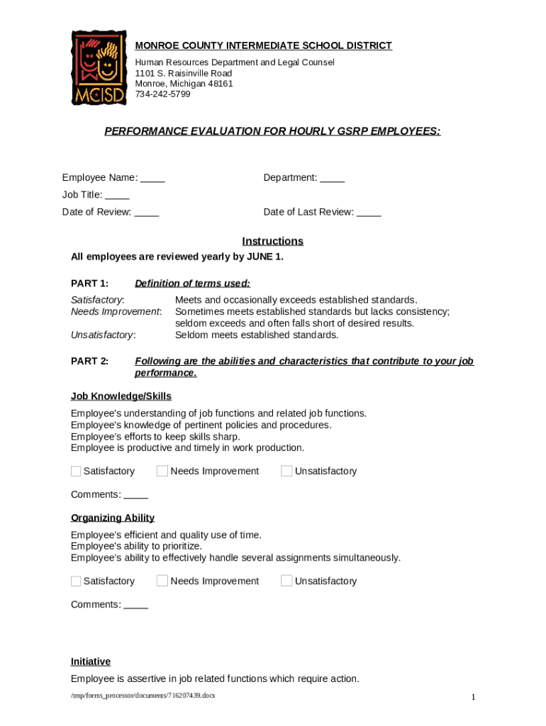 PERANCE APPRAISAL REVIEW FOR HOURLY EMPLOYEES Doc Template | pdfFiller