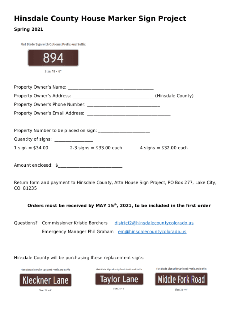 Hinsdale County House Marker Sign Project Doc Template | pdfFiller