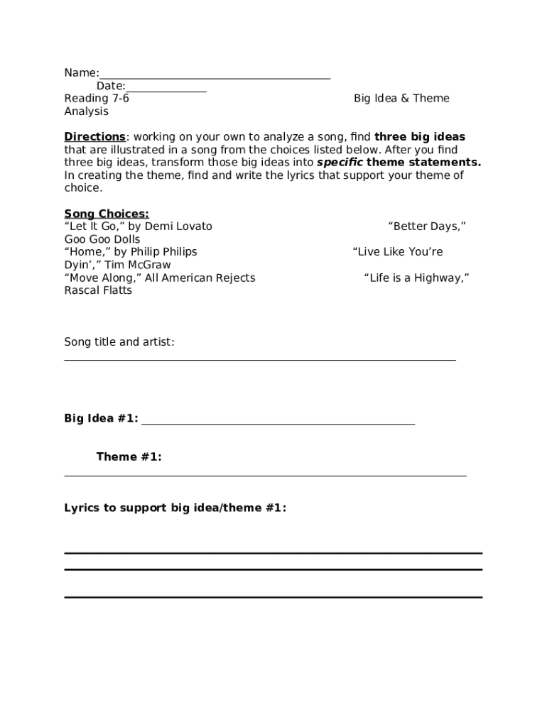 Student Example of Big Idea & Theme Worksheet Doc Template | pdfFiller