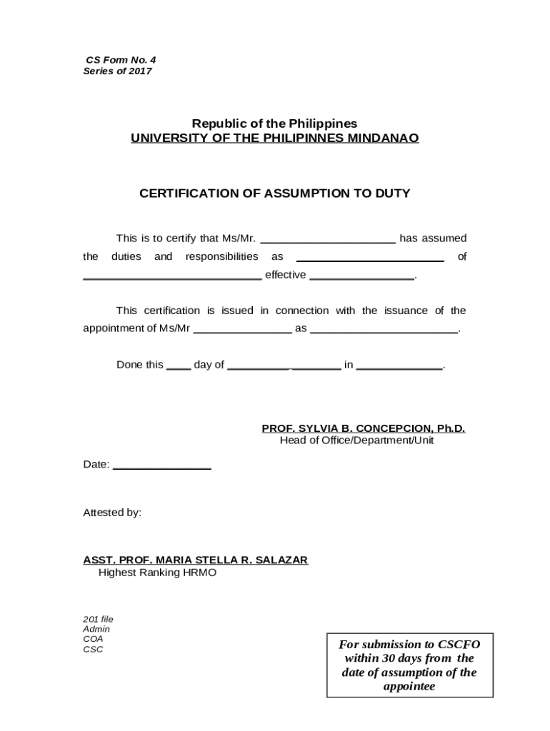 F-003 CS No. 4 Certification of Assumption To Duty Doc Template | pdfFiller