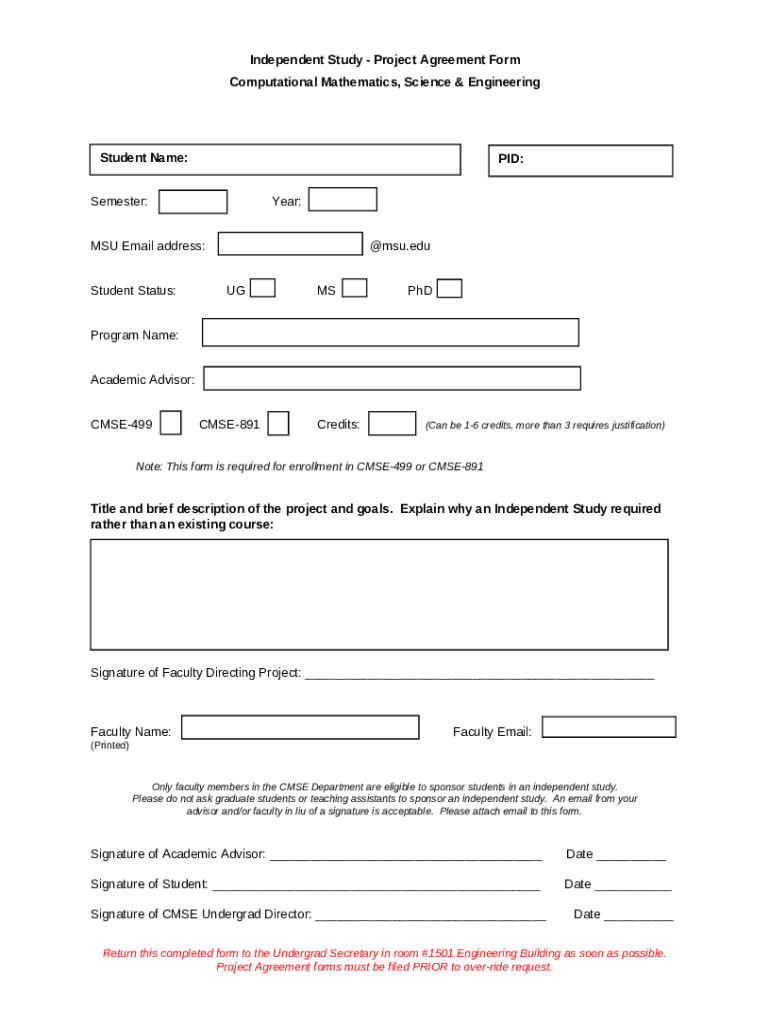 Independent Study - Project Agreement Doc Template | pdfFiller