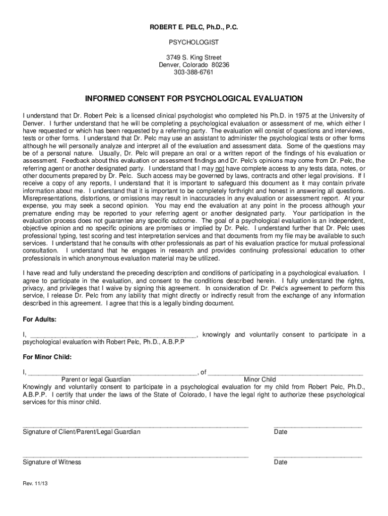 Fillable Online INFORMED CONSENT FOR PSYCHOLOGICAL EVALUATION Fax Email ...