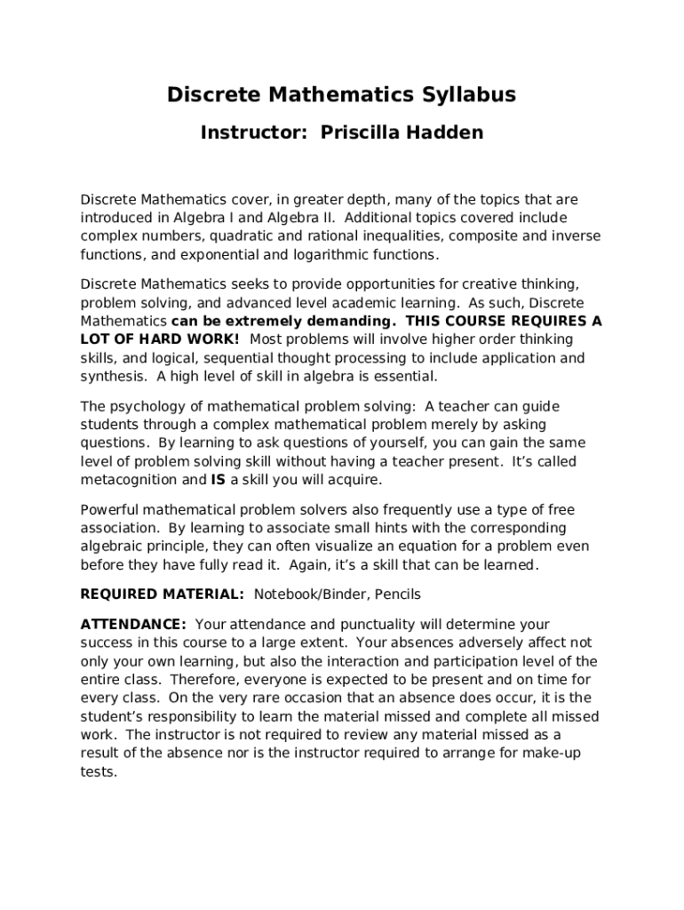 Discrete Mathematics Syllabus Instructor: Priscilla Hadden Doc Template | pdfFiller