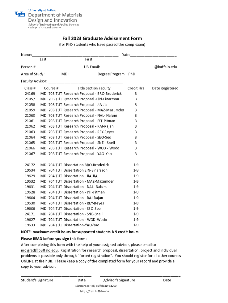 Fillable Online engineering buffalo UB MDI Fall 23 Graduate Advisement Form. For PhD Students ...