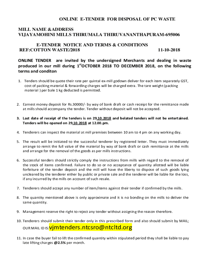 Fillable Online E Tender for Pc Waste Disposal Tender, Kerala ...