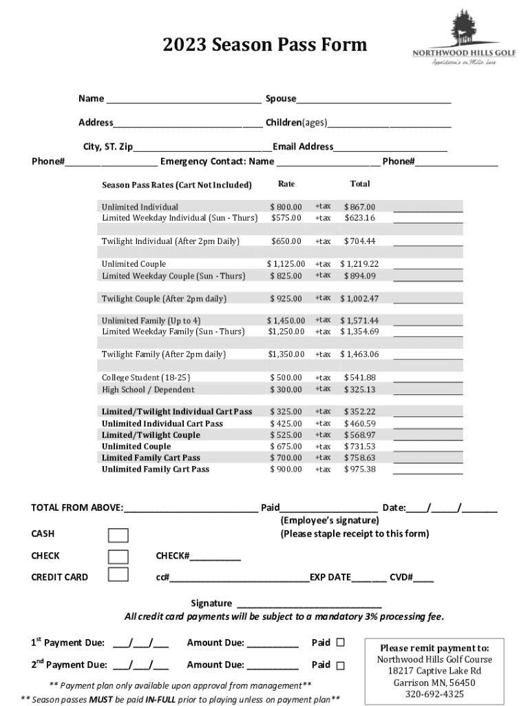 Fillable Online 2023 Season Pass Form Fax Email Print - pdfFiller