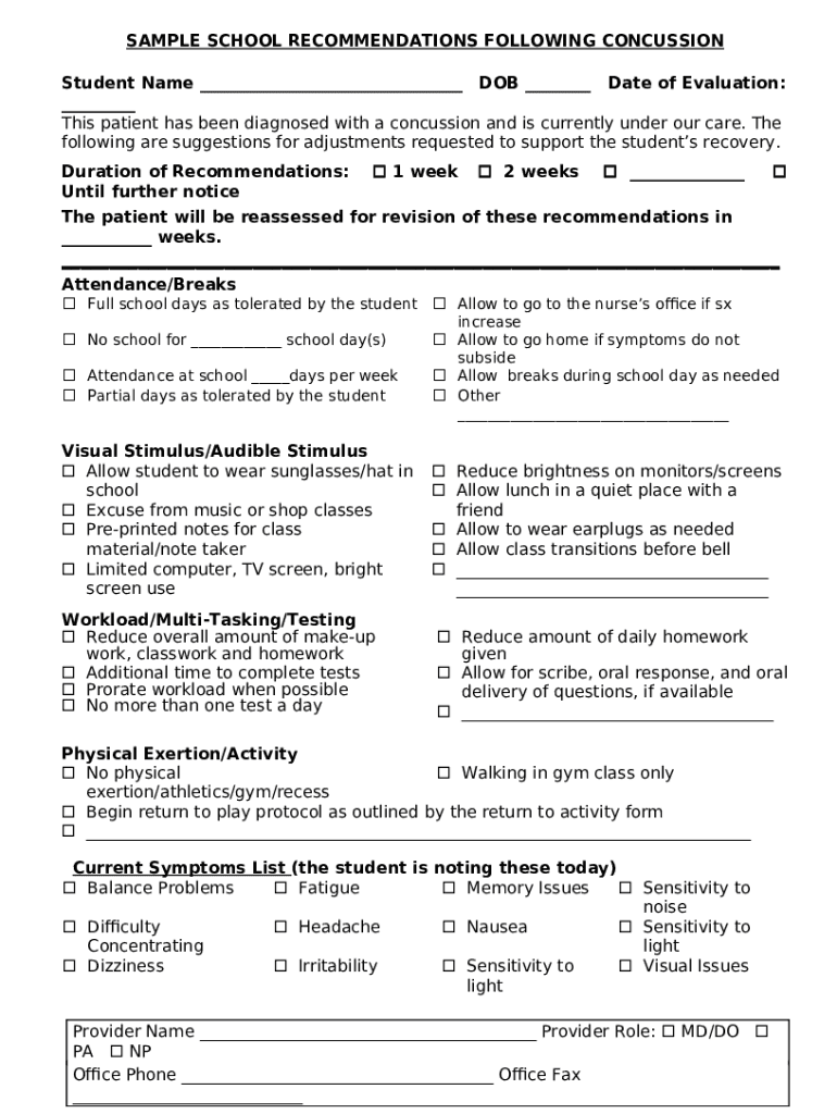 Sample School Recommendations Following Concussion Doc Template | pdfFiller