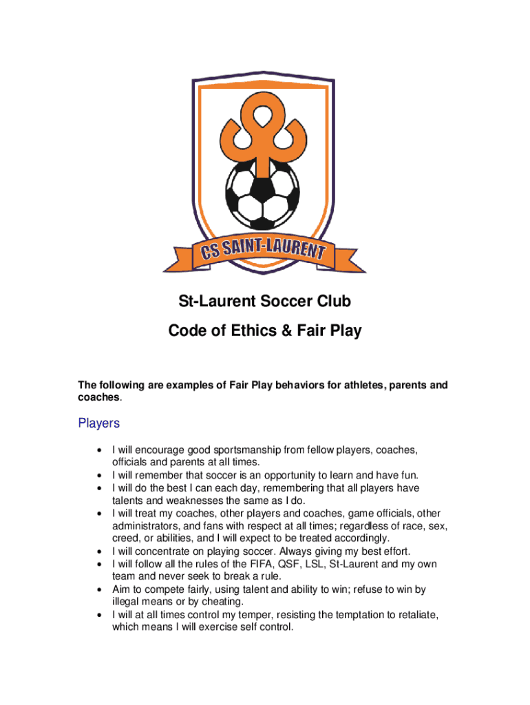 Fillable Online St-Laurent Soccer Club Code of Ethics & Fair Play Fax ...