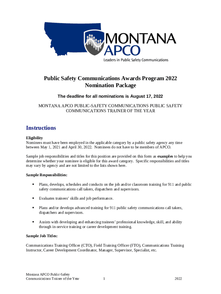 Award Nomination - Trainer - Montana APCO Chapter Doc Template | pdfFiller