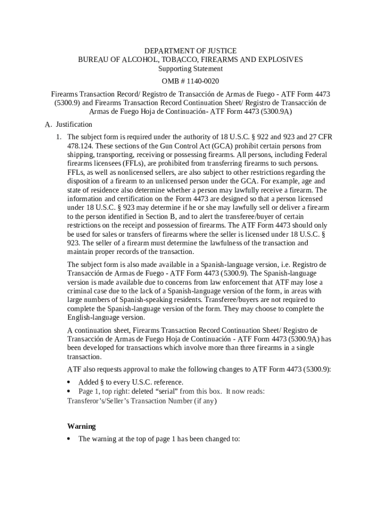 Fillable Online Justification for OMB 1140 0020 (ATF Form 4473 (5300 9 ...