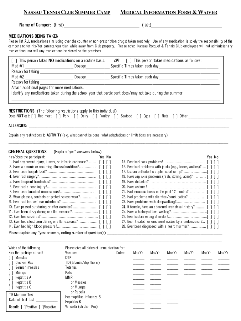 Fillable Online Summer Camp Medical Waiver form for Nassau Tennis Club ...