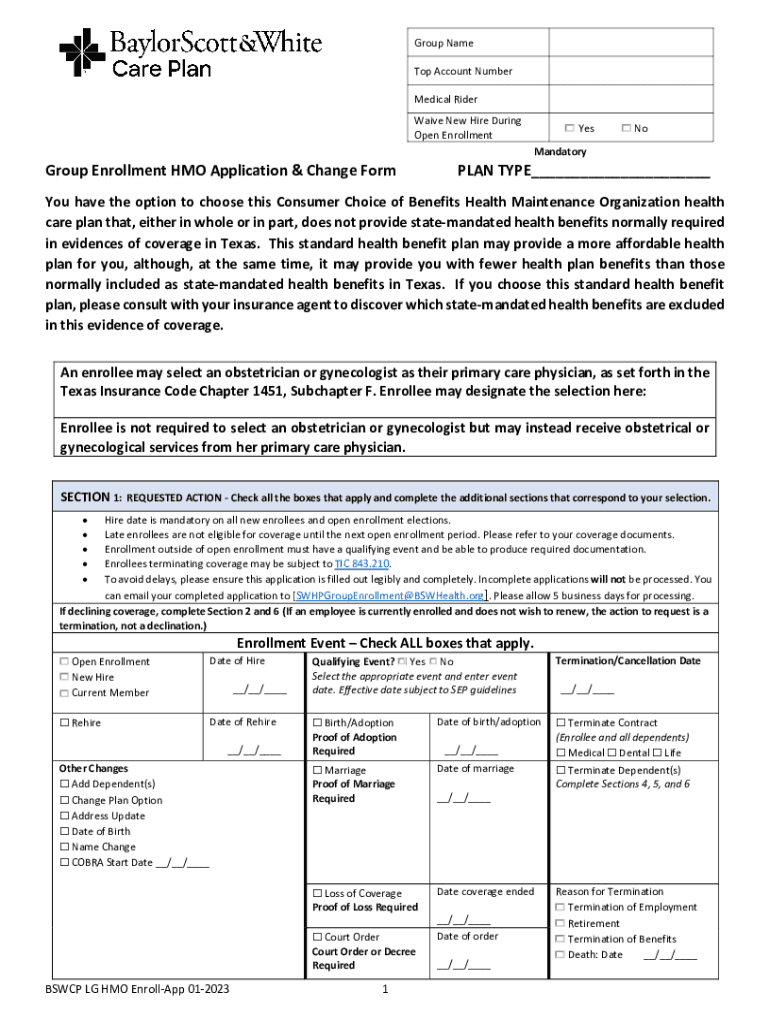 Fillable Online Large Group Enrollment HMO Application & Change Form ...