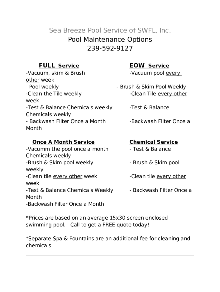 Sea Breeze Pool Service of SWFL, Inc Doc Template | pdfFiller
