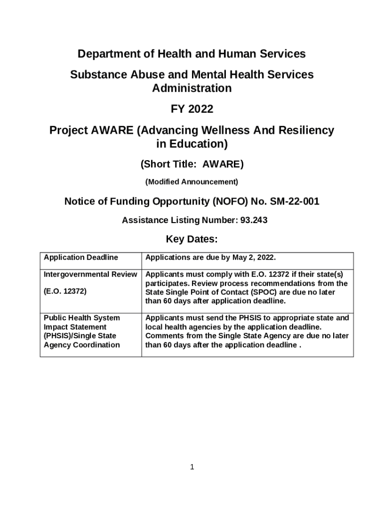 FY 2022 Project AWARE (Advancing Wellness and ... Doc Template | pdfFiller