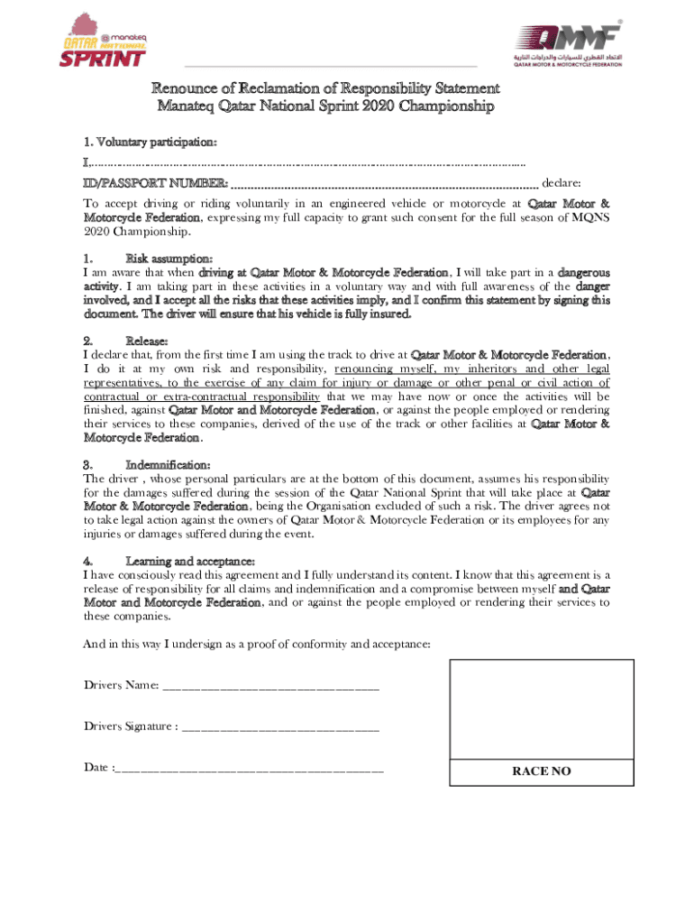 Fillable Online Renounce of Reclamation of Responsibility Statement ...