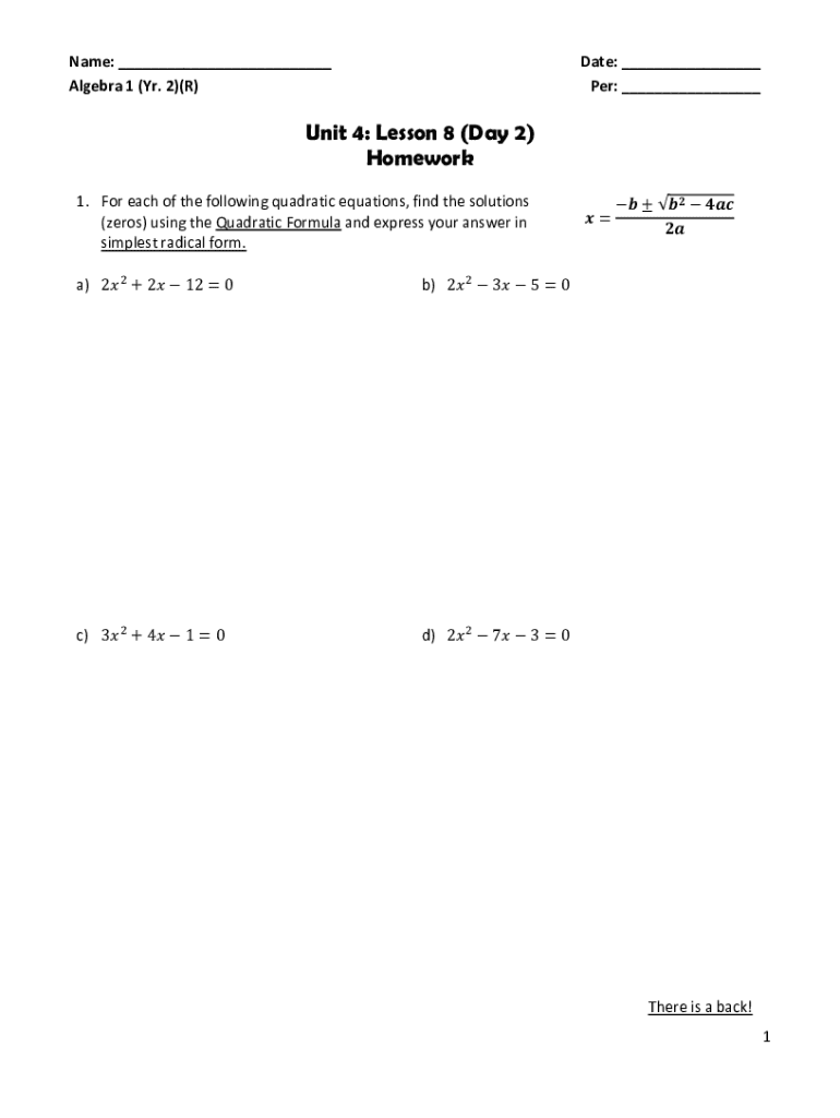 Fillable Online Unit 4: Lesson 8 (Day 2) Homework Fax Email Print - pdfFiller