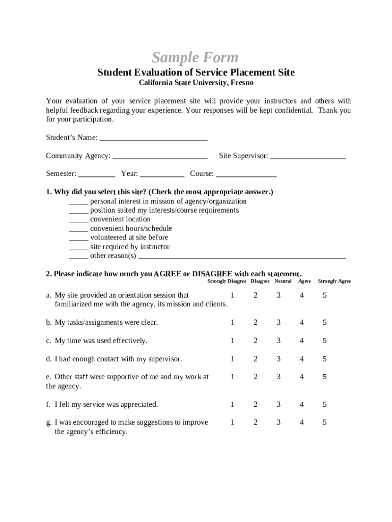 Student Evaluation of Service-Learning Doc Template | pdfFiller