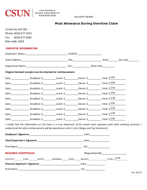 Fillable Online Meal Allowance During Overtime Claim ... Fax Email ...
