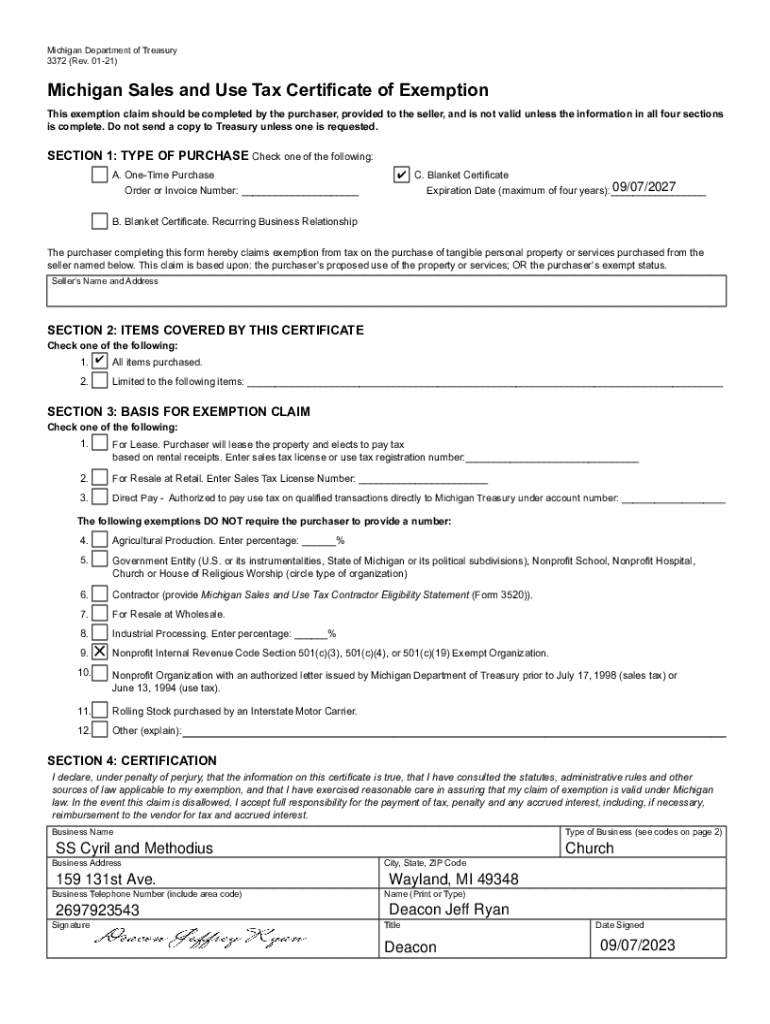 Fillable Online Fillable Online Michigan Sales and Use Tax Certificate ...