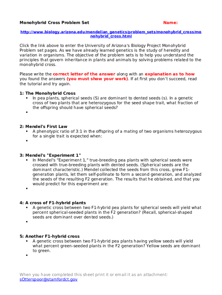 Mendel's "Experiment 1" - Monohybrid Cross Problem Set Doc Template | pdfFiller