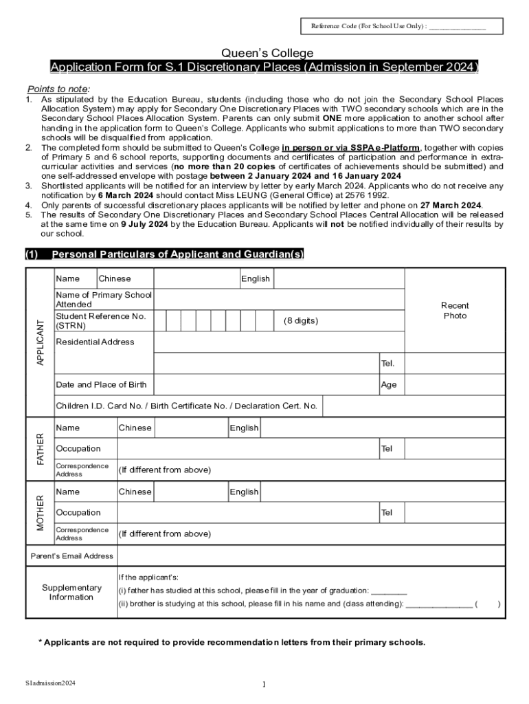 Fillable Online Application for S.1 Discretionary Places (Admission in ...